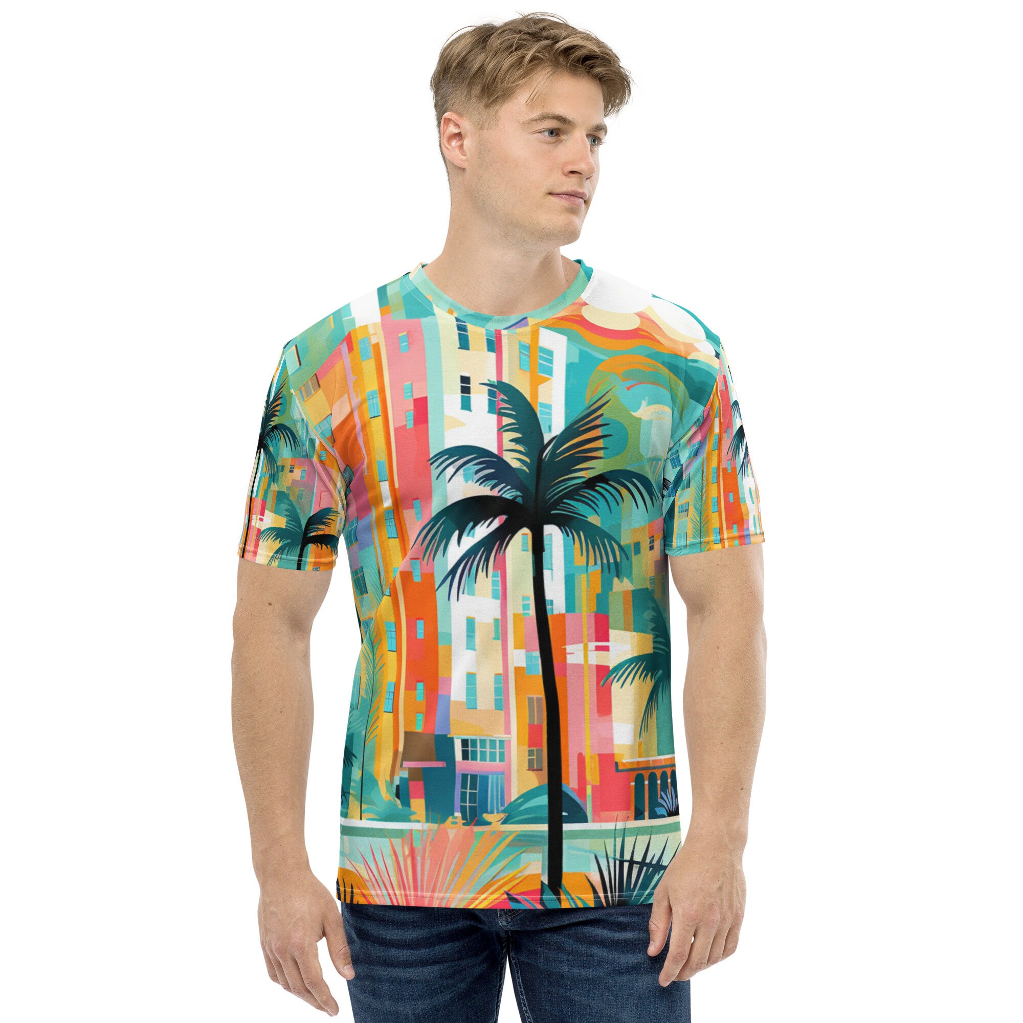 Miami Vibes Art Deco Pattern Motif Men's T-shirt: Embrace the Colorful ...