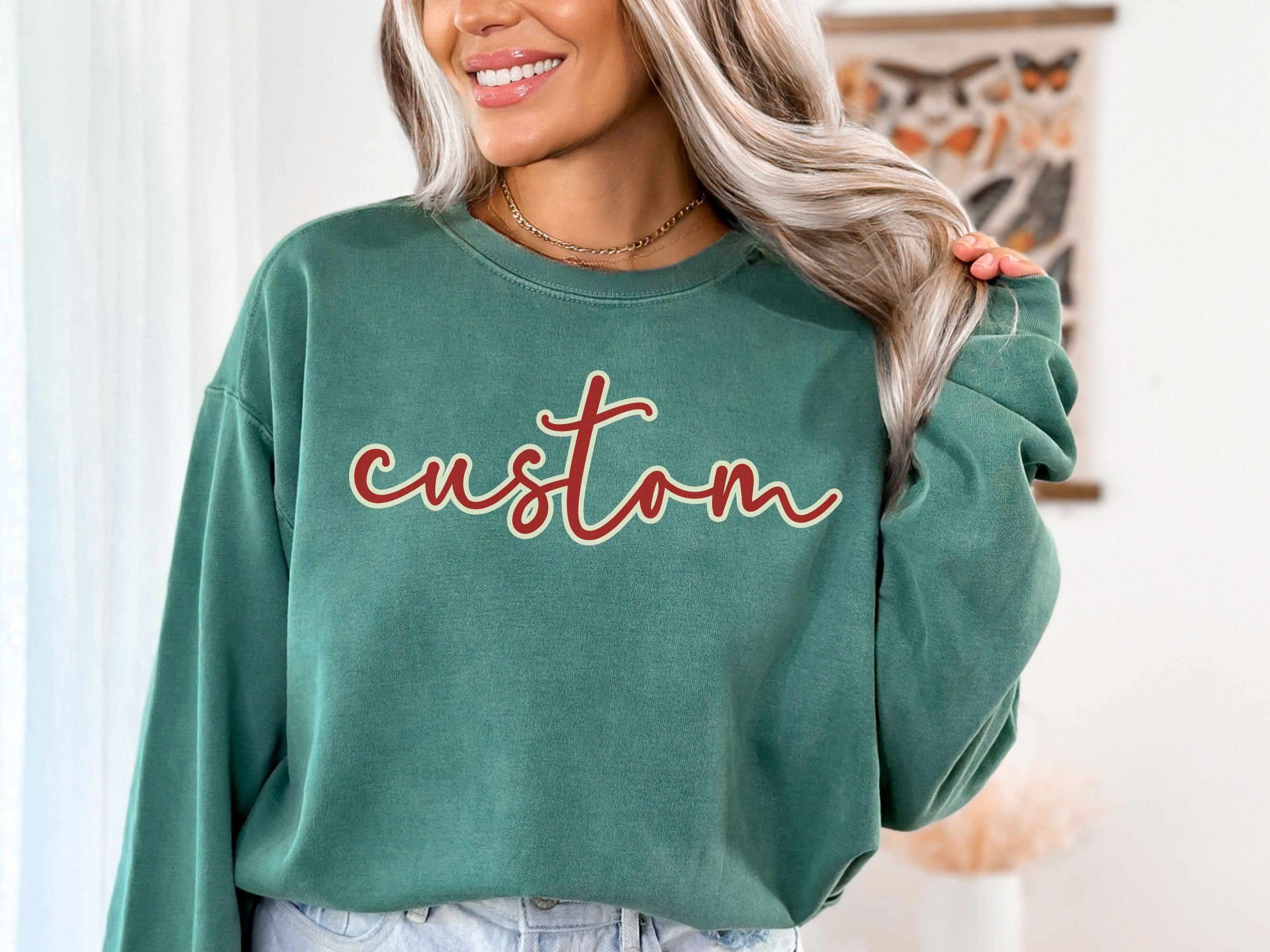 Custom Script Word Comfort Colors Sweatshirt Cursive Chic Outline Two ...