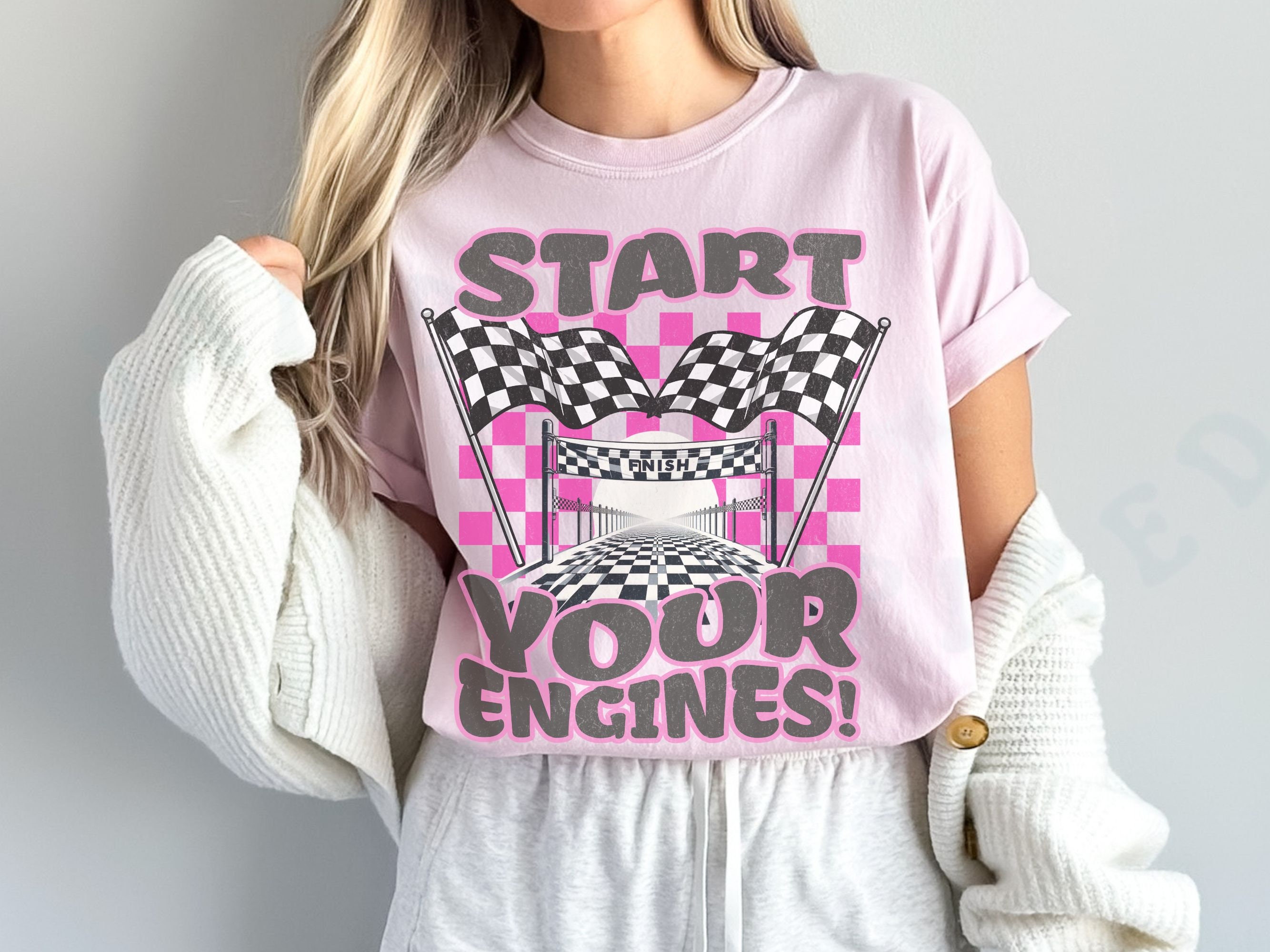Car Racing Retro Vintage T-shirt Start Your Engines Checkered Flag ...