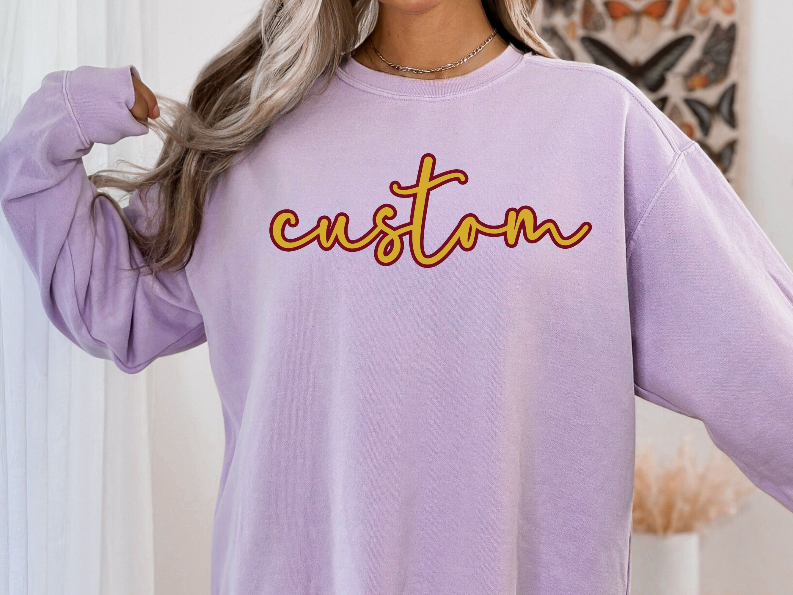 Custom Script Word Comfort Colors Sweatshirt Cursive Chic Outline Two ...