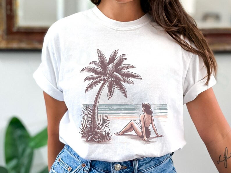Beach Scene Pin up T-shirt Pastel Summer Feminine Graphic Summer Top ...