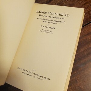 The Years in Switzerland, Raina Maria Rilke, First English Edition ...