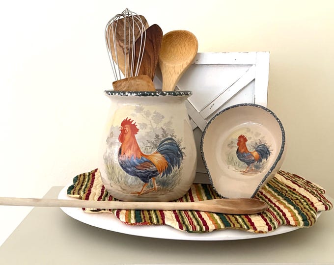 Vintage Set of Rooster Utensil Crock & Spoon Rest | Home and Garden ...