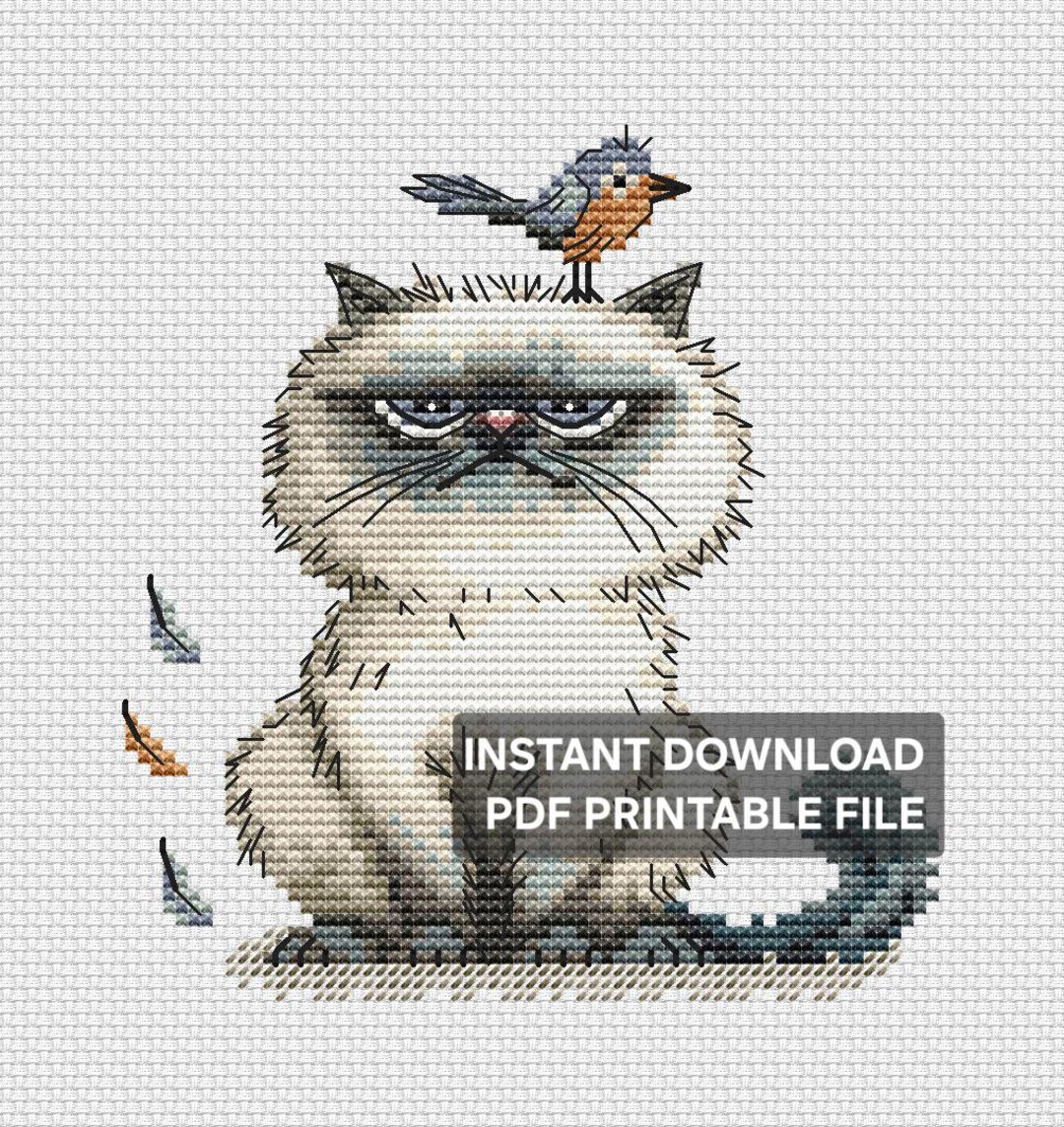 Grumpy Cat Cross Stitch Pattern – Bird on Head, Funny Animal (PDF ...