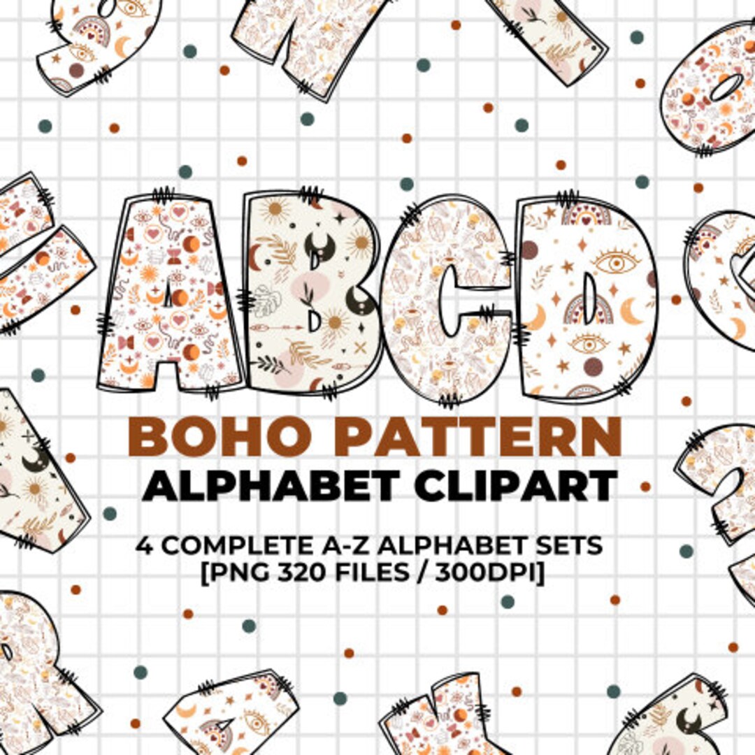 Retro Boho Alphabet PNG Bundle, Retro Numbers & Accessories Png, Boho ...