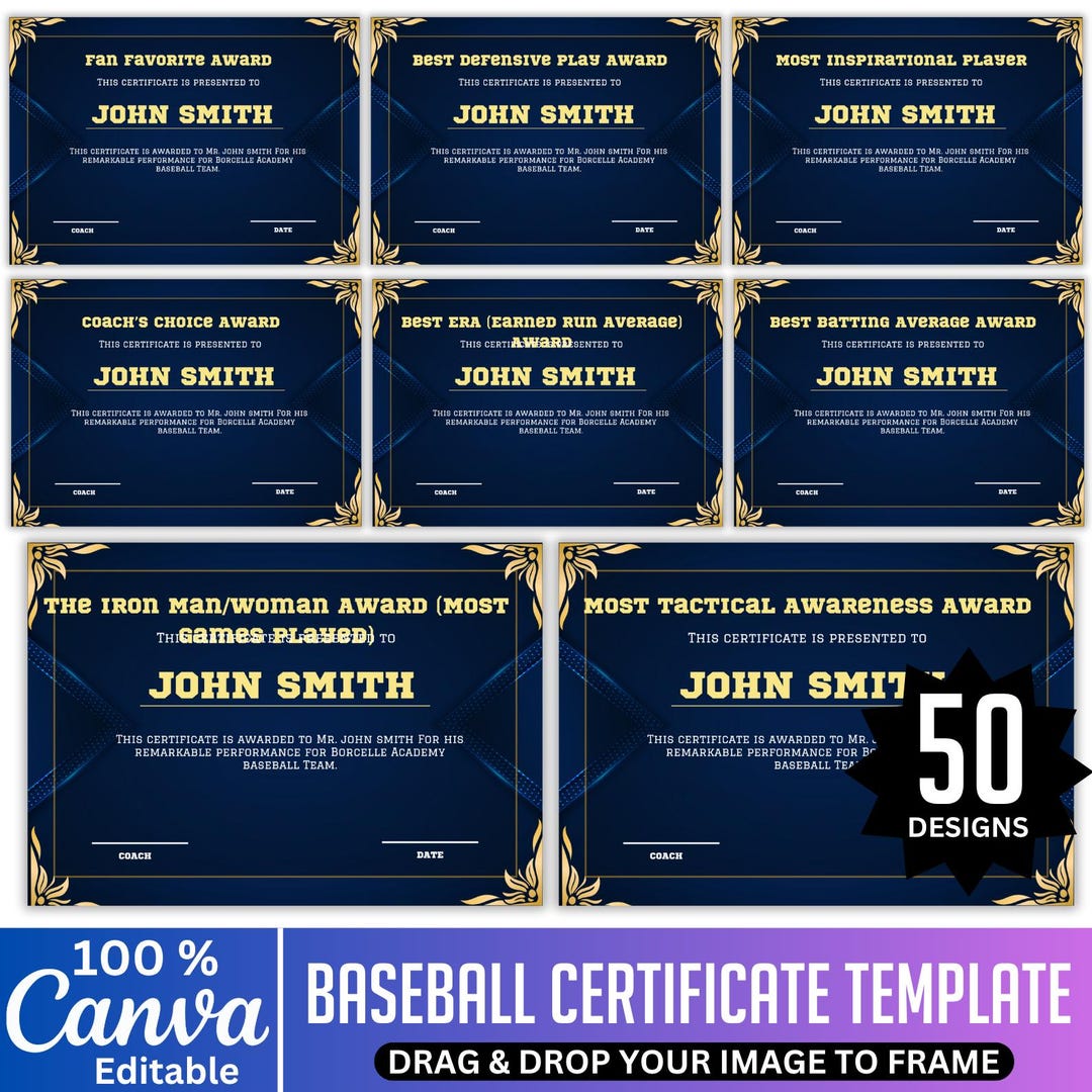 50 Baseball Awards Certificate Template, Canva Editable Baseball Team ...