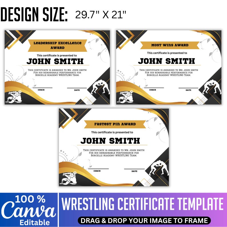 50 Wrestling Award Certificates Template, Canva Editable Wrestling Team ...