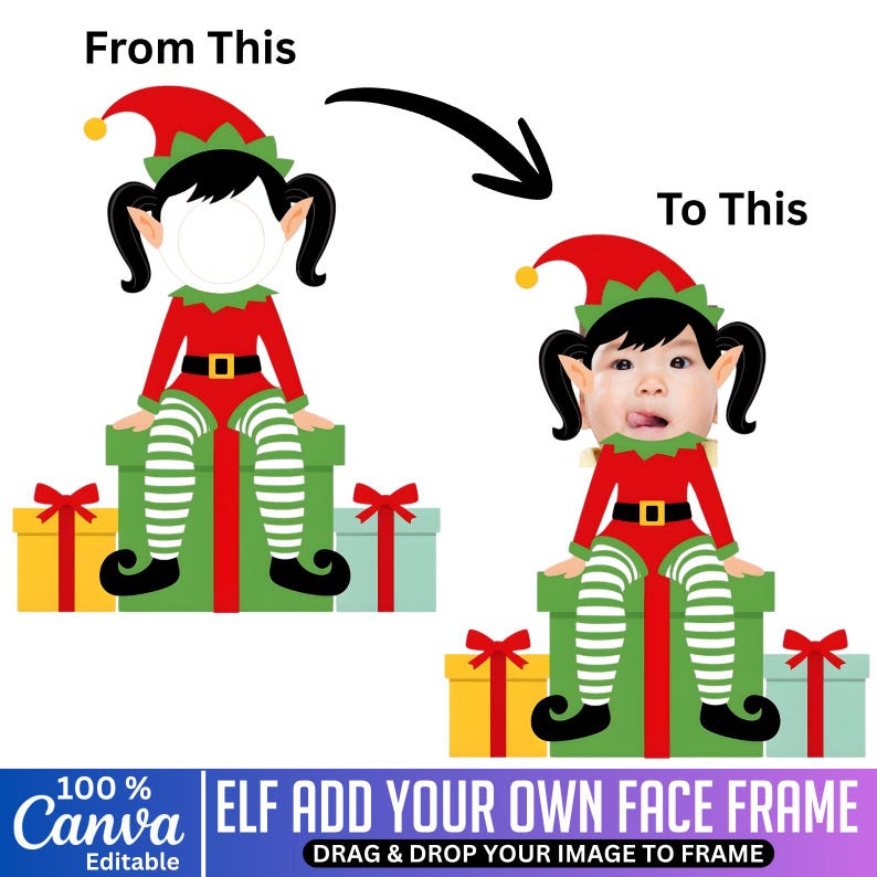 50 Christmas Elf Add Your Own Face Photo Frames Bundle, Santa, Elf Face ...
