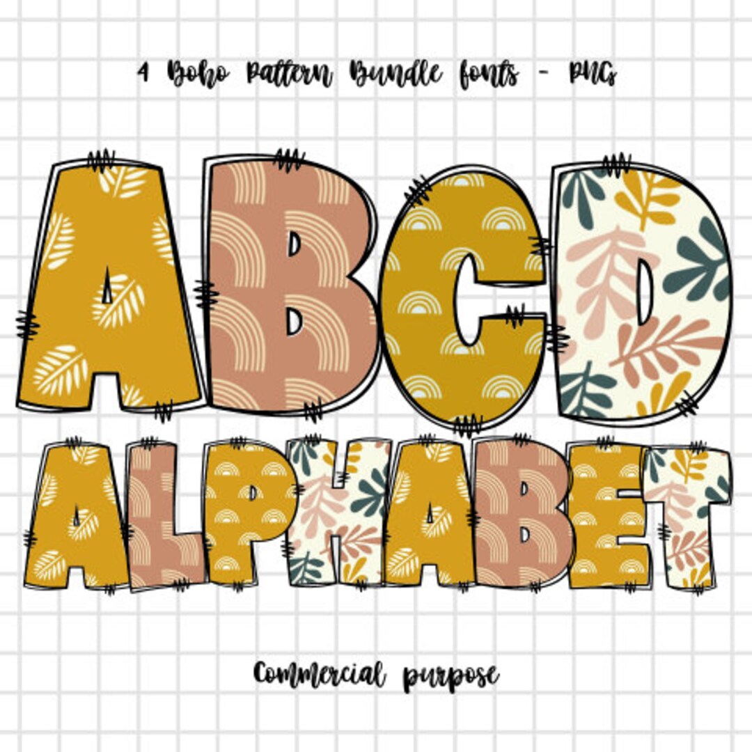Retro Boho Flowers Alphabet PNG Bundle, Boho Flower Pattern Font, Retro ...