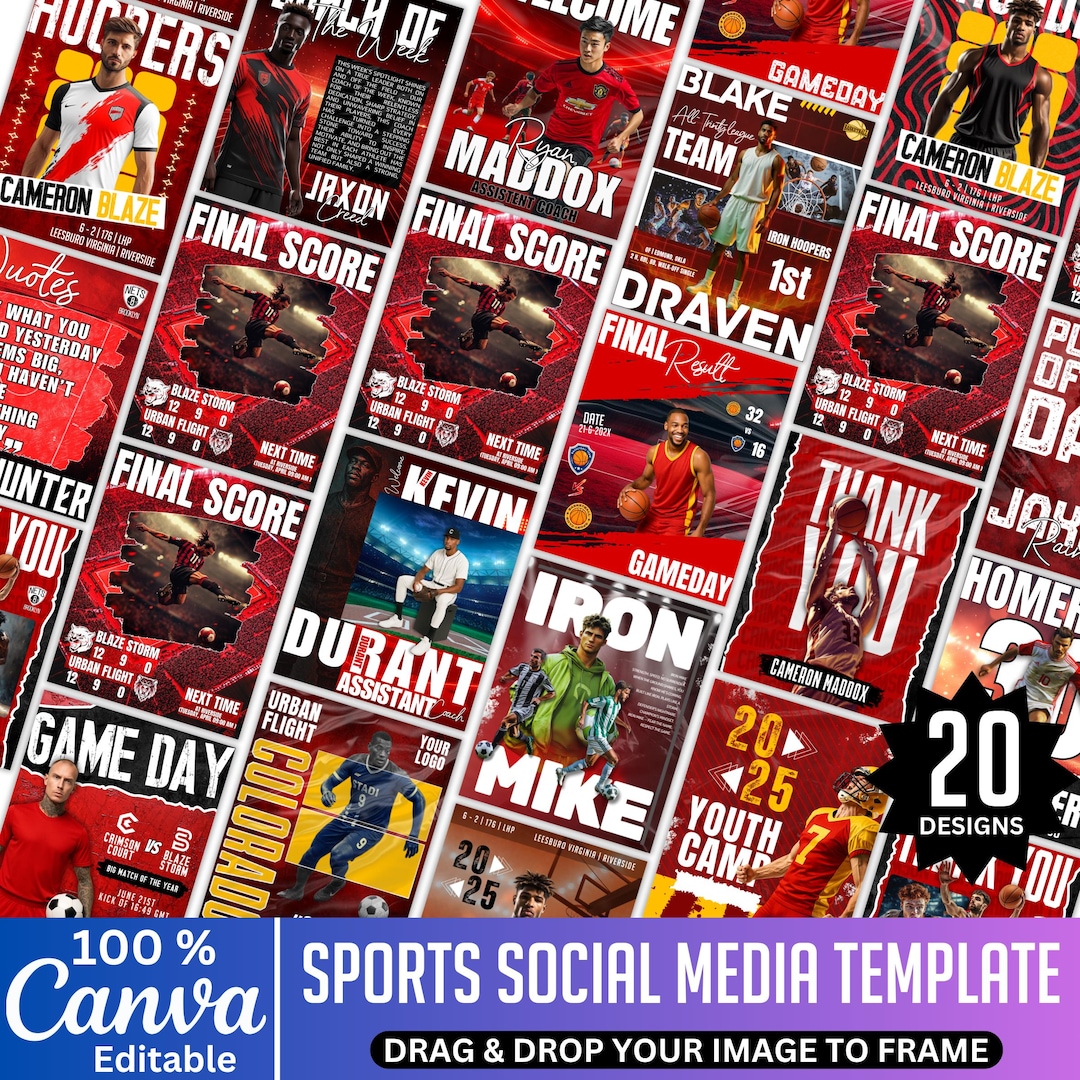 Sports Canva Social Media Template Bundle, Canva Editable Sports Design ...
