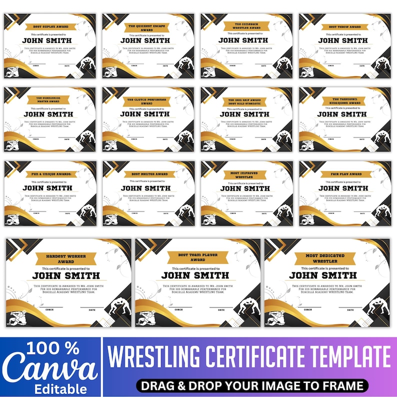 50 Wrestling Award Certificates Template, Canva Editable Wrestling Team ...