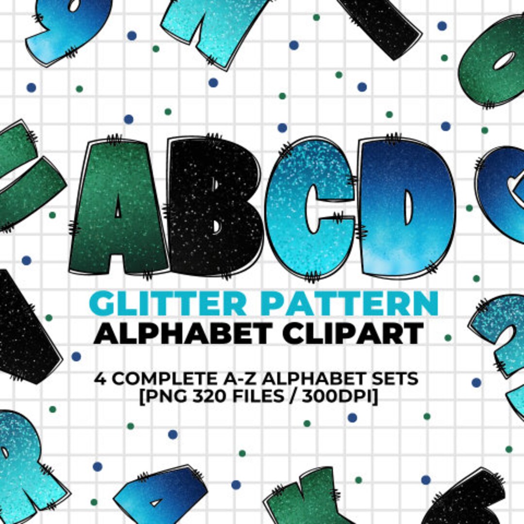 Glitter Doodle Alphabet PNG Bundle, Blue Black Green Glitter Doodle ...