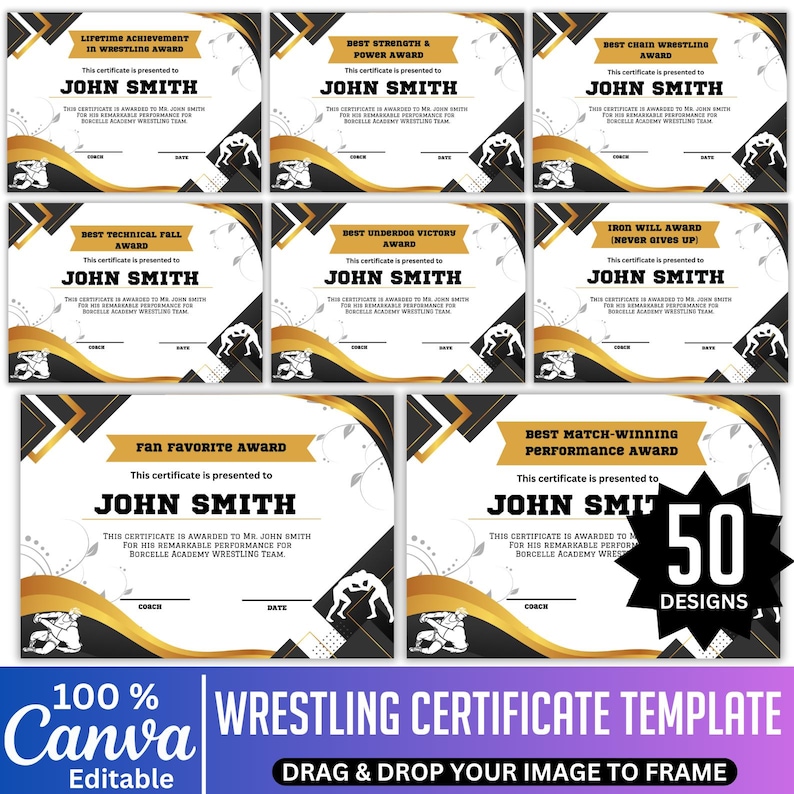 50 Wrestling Award Certificates Template, Canva Editable Wrestling Team ...