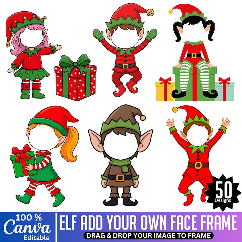 50 Christmas Elf Add Your Own Face Photo Frames Bundle, Santa, Elf Face ...