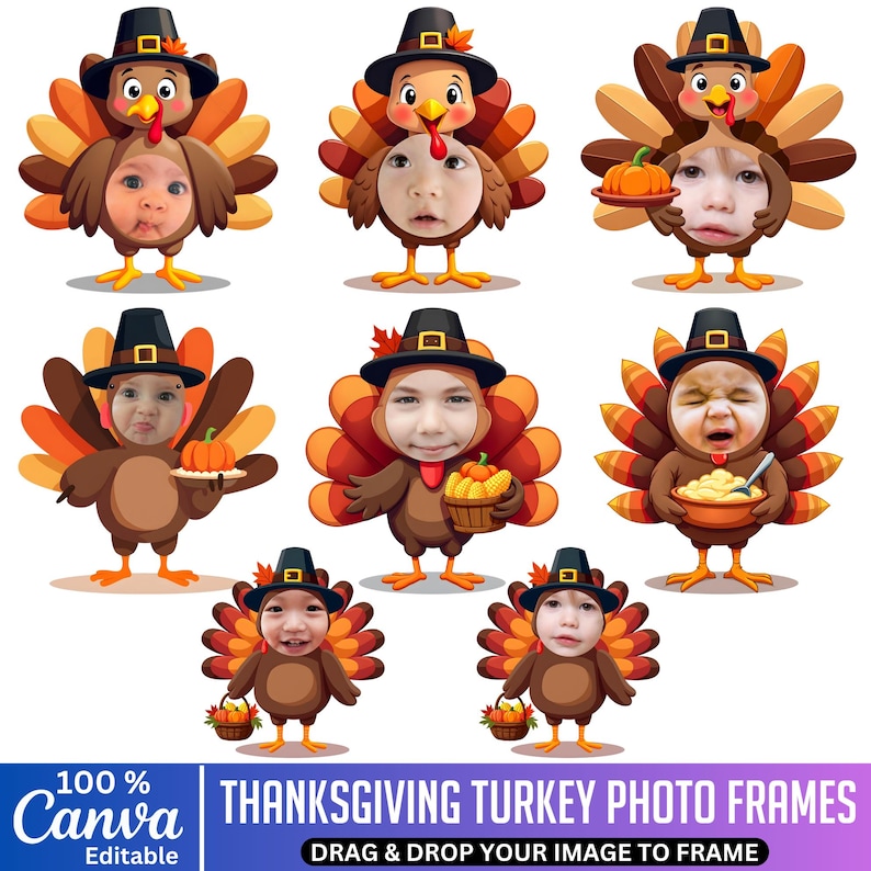 Thanksgiving Turkey Photo Frames Bundle, Turkey Face Flank Template PNG ...
