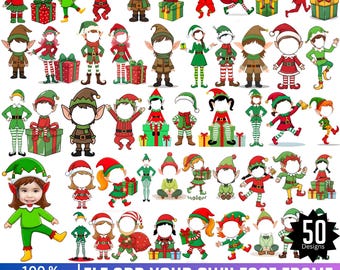 50 Christmas Elf Add Your Own Face Photo Frames Bundle, Santa, Elf Face ...