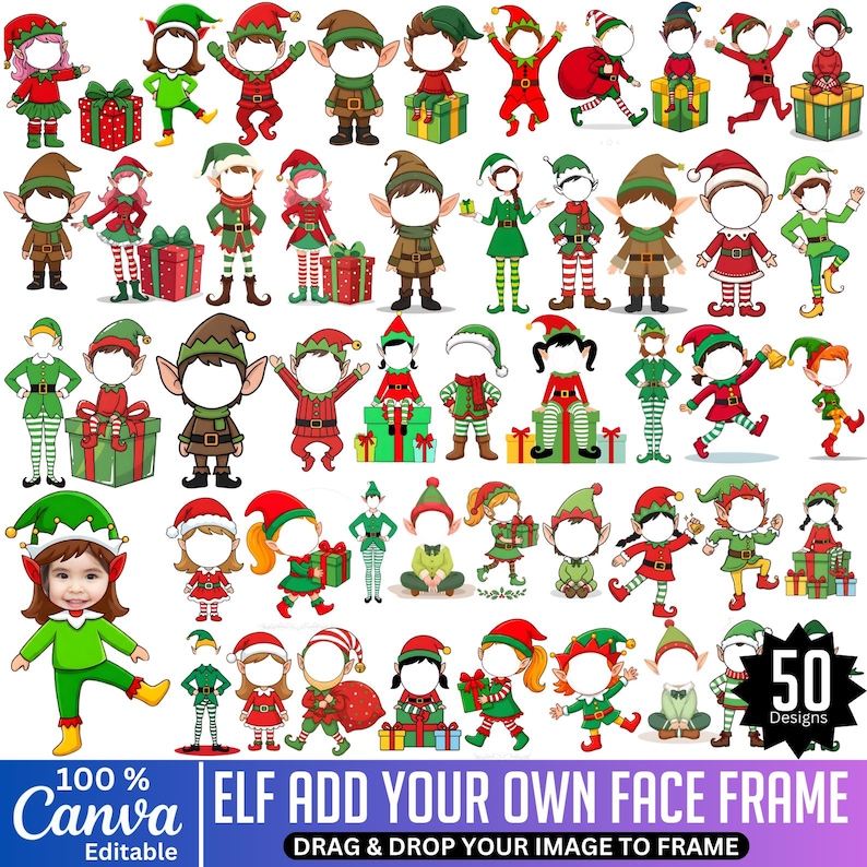 50 Christmas Elf Add Your Own Face Photo Frames Bundle, Santa, Elf Face ...