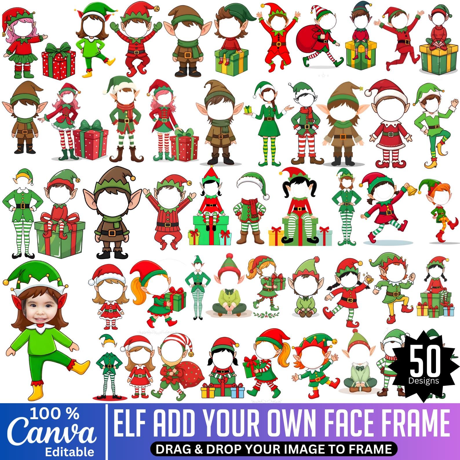 50 Christmas Elf Add Your Own Face Photo Frames Bundle, Santa, Elf Face ...