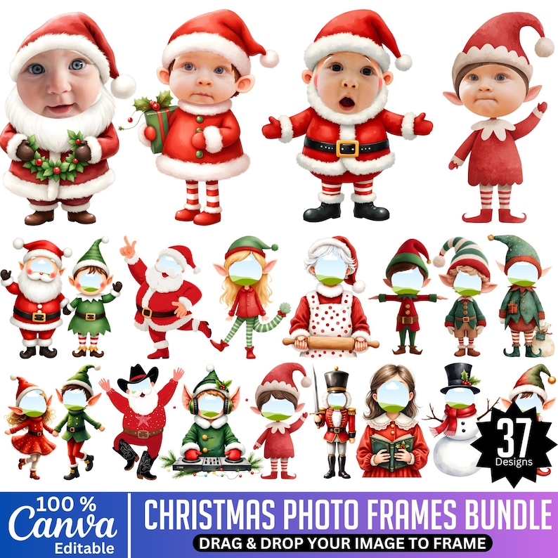 37 Christmas Photo Frames Bundle, Santa, Gingerbread Face, Elf Face ...