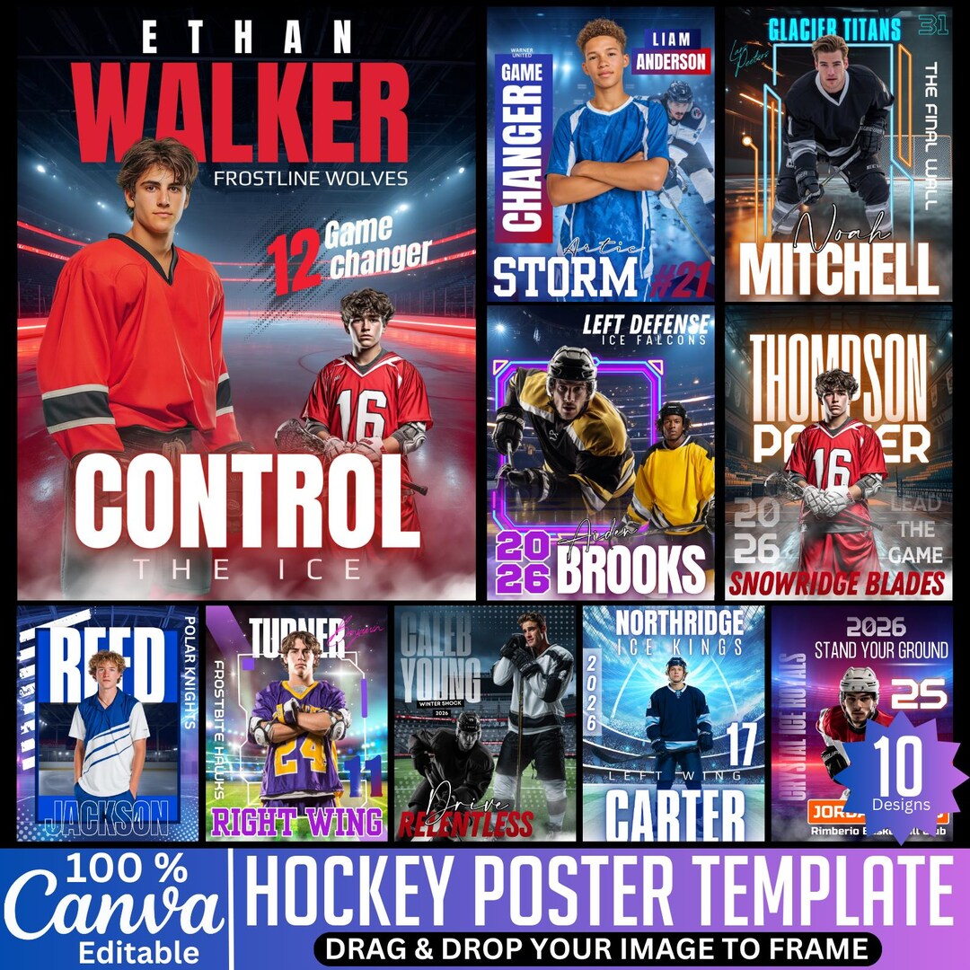 10 Hockey Poster Canva Editable Template, Hockey Player Banner, Sports ...