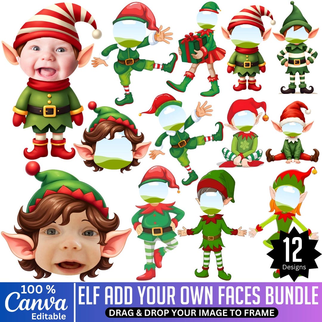 12 Christmas Elf Add Your Own Face Photo Frames Bundle, Elf Face, Elf ...