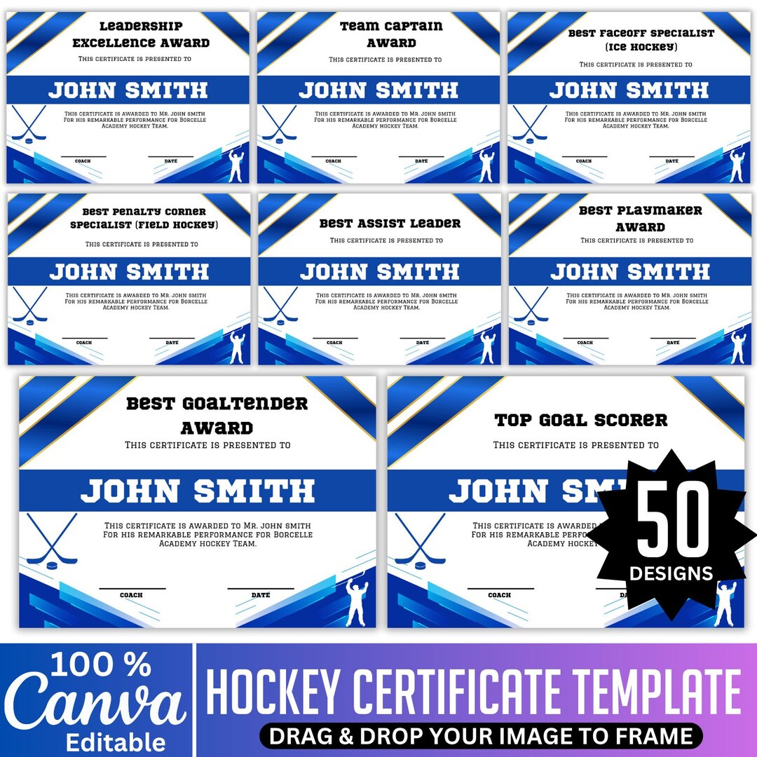50 Hockey Award Certificates Template, Canva Editable Hockey Team ...