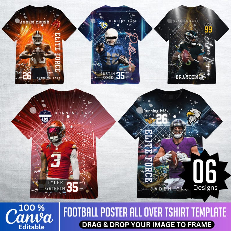 06 Football All Over T Shirt Poster Canva Template, Editable Football ...