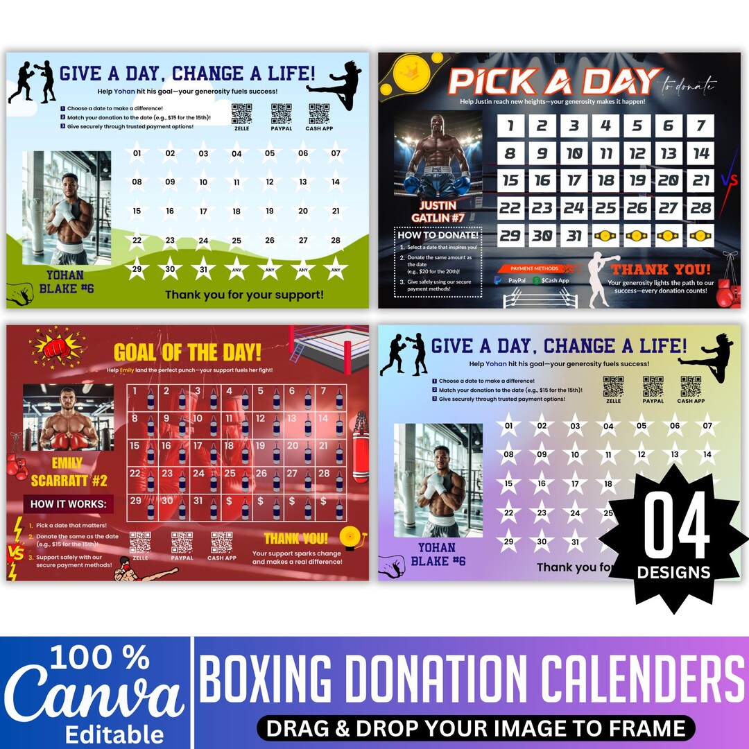 04 Boxing Fundraiser Calendar Canva Editable Template, Custom Baseball ...