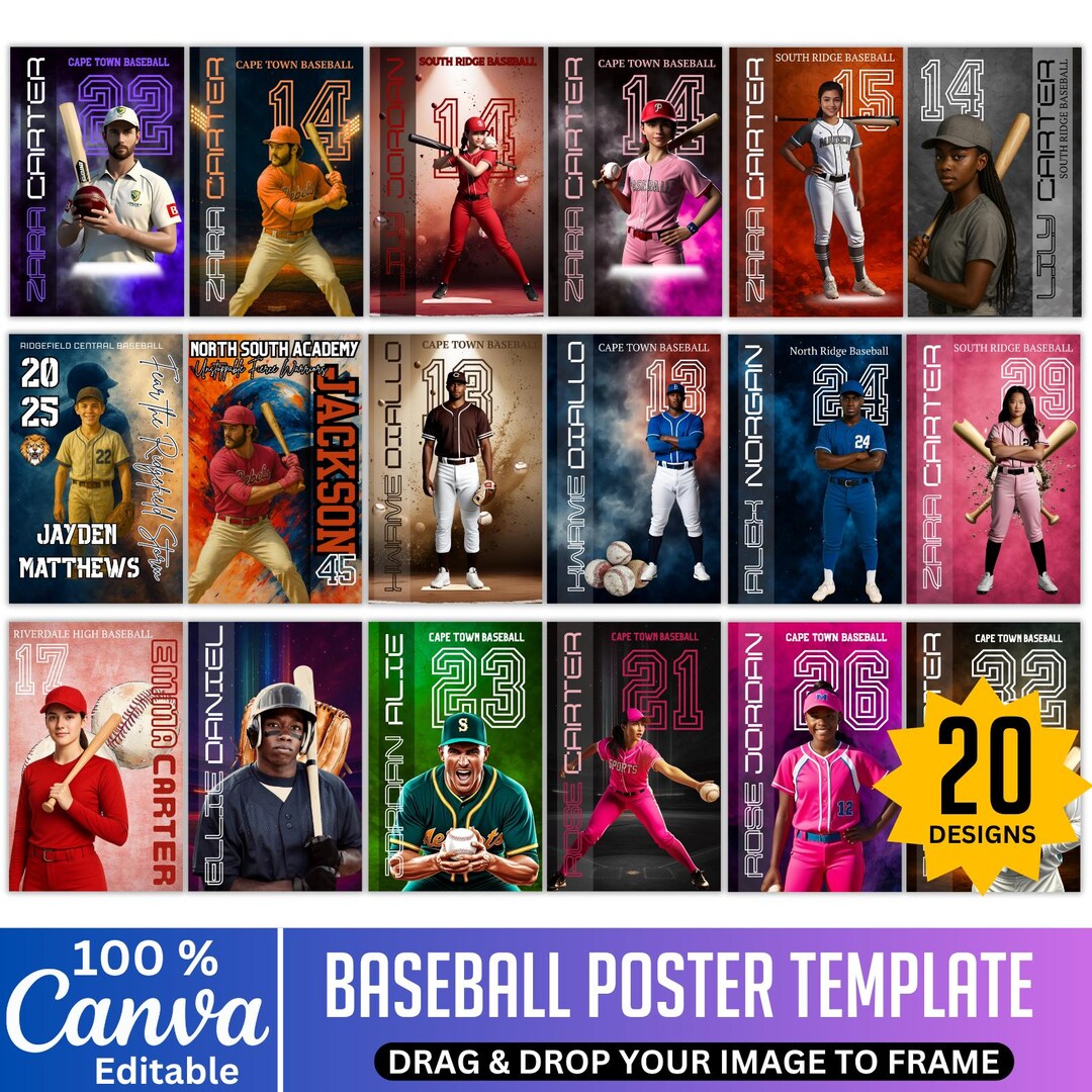 Baseball Poster Canva Editable Template Bundle, Senior Baseball Poster ...
