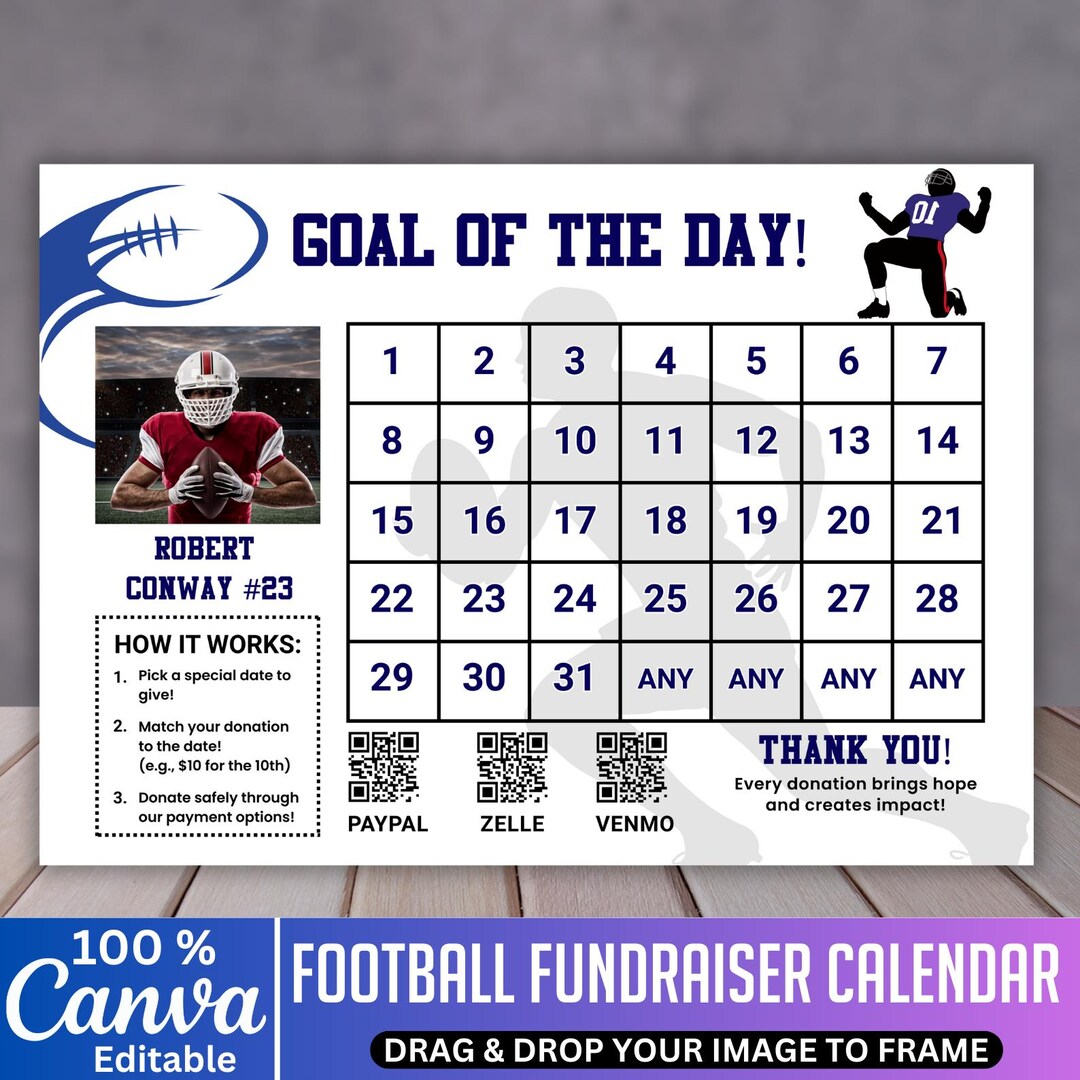 Football Fundraiser Calendar Canva Template, Football Calendar ...