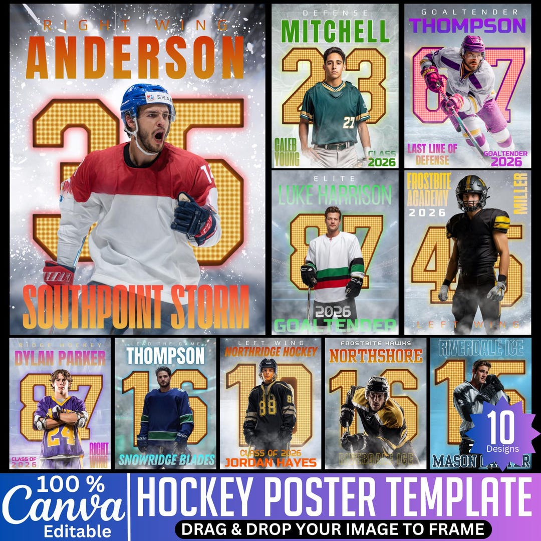 10 Hockey Number Poster Canva Editable Template, Hockey Player Banner ...