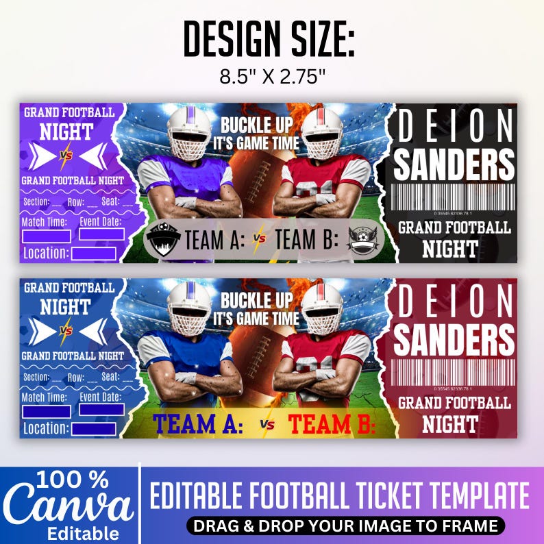 Editable Football Ticket, Football Birthday Fake Ticket, Canva Editable ...
