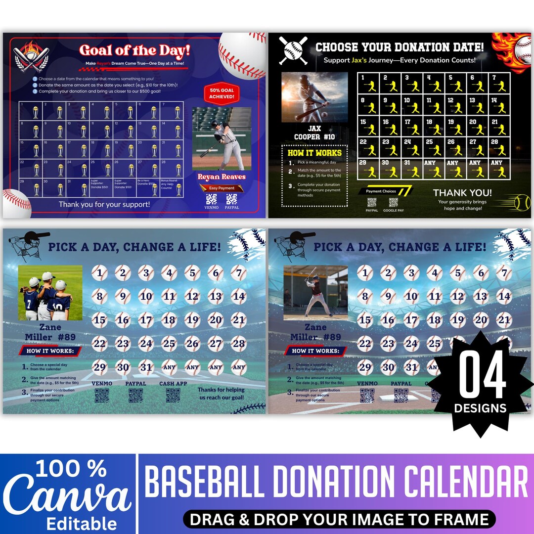 04 Baseball Fundraiser Calendar Canva Editable Template, Custom ...