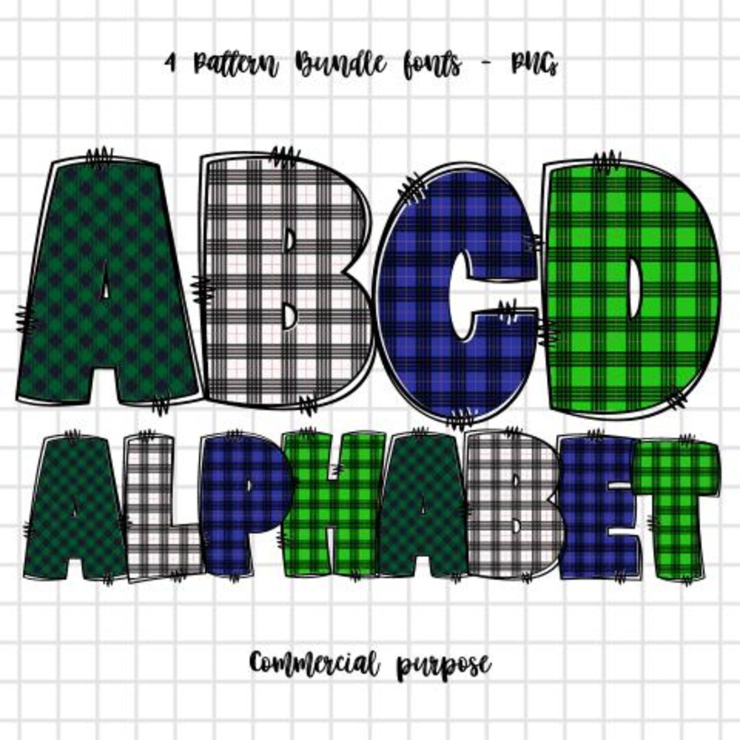 Green and Blue Buffalo Plaid Doodle Letters Alphabet, Plaid Doodle Font ...