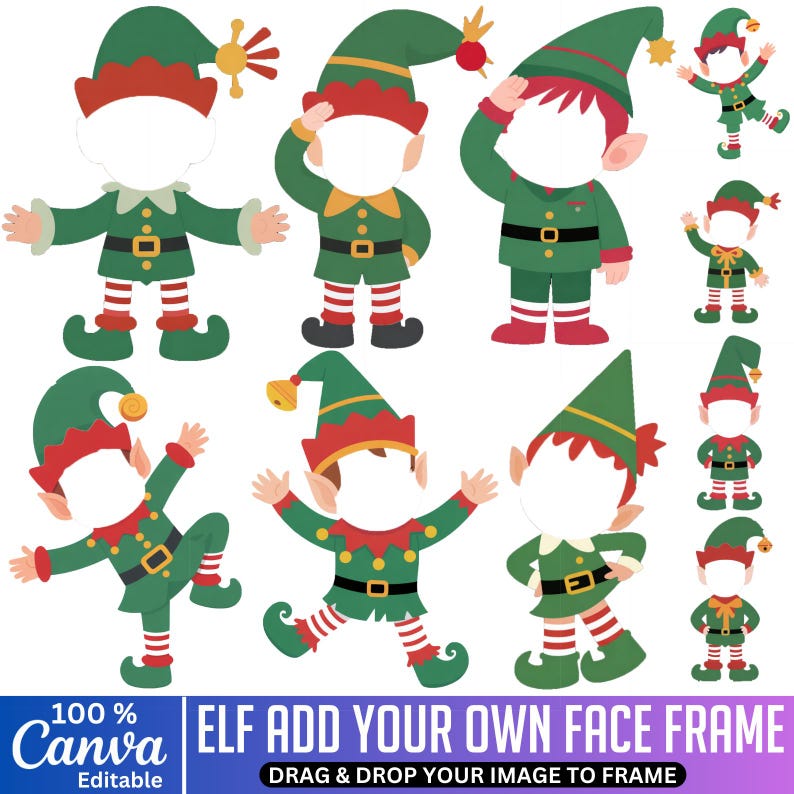 13 Elf Add Your Own Face Photo Frames Bundle, Santa, Elf Face, Canva ...