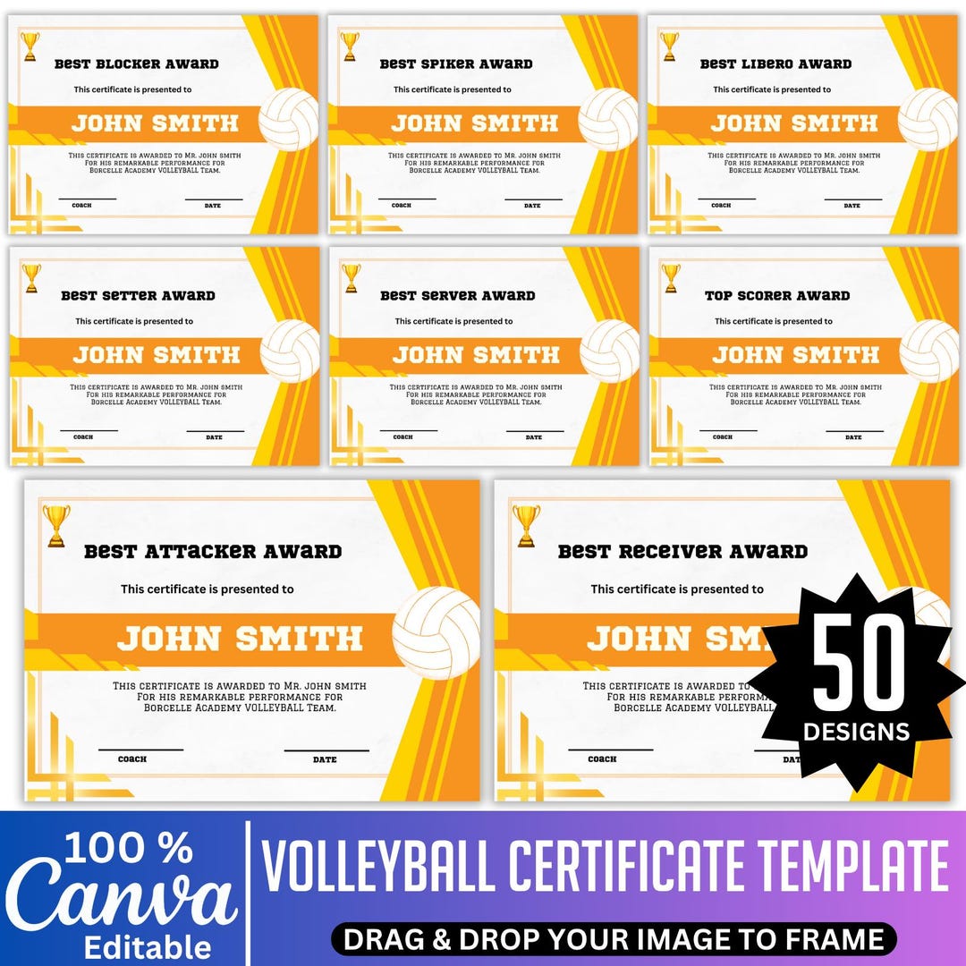 50 Volleyball Award Certificates Template, Canva Editable Volleyball ...