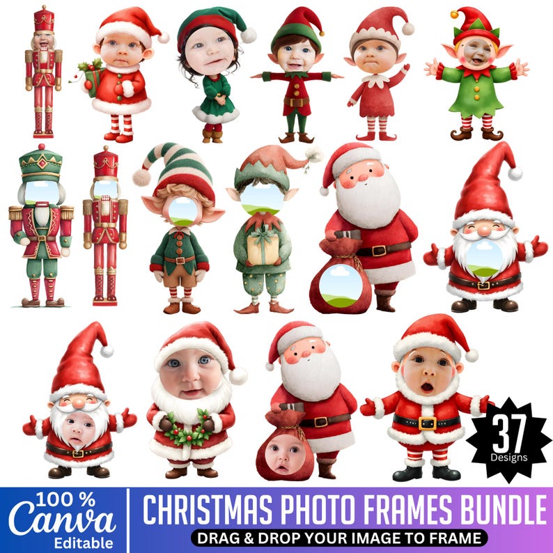 37 Christmas Photo Frames Bundle, Santa, Gingerbread Face, Elf Face ...