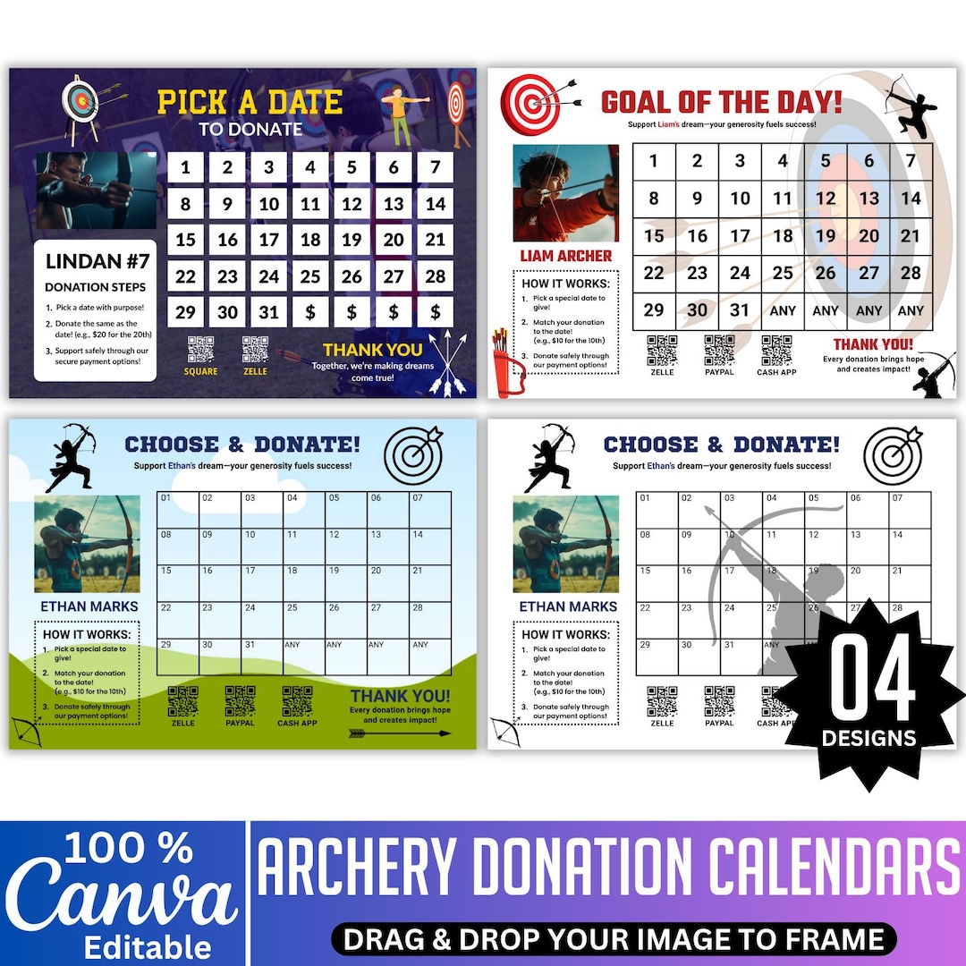 04 Archery Calendar Canva Editable Template, Custom Archery Fundraiser ...