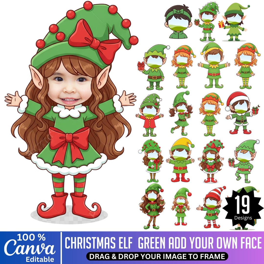19 Christmas Elf Green Add Your Own Face Photo Frames Template, Elf ...