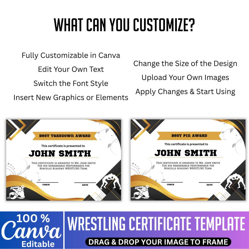 50 Wrestling Award Certificates Template, Canva Editable Wrestling Team ...