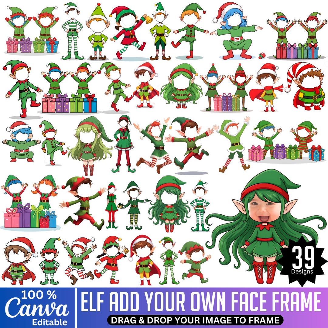 39 Elf Add Your Own Face Photo Frames Bundle, Santa, Elf Face, Canva ...