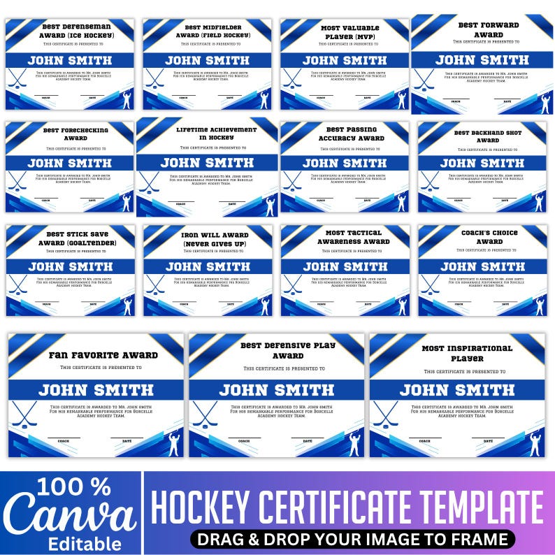 50 Hockey Award Certificates Template, Canva Editable Hockey Team ...