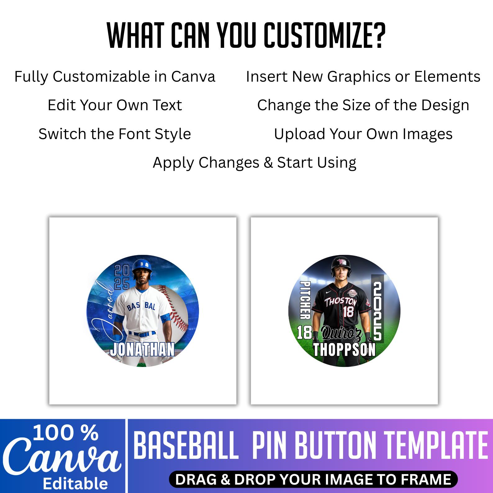 Baseball Pin Button Template Bundle, Canva Editable Baseball Sticker ...