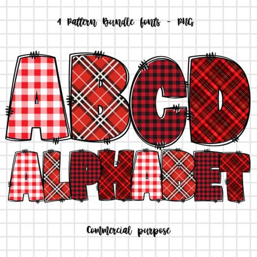 Red Buffalo Plaid Doodle Letters Alphabet, Plaid Doodle Font PNG, Hand ...