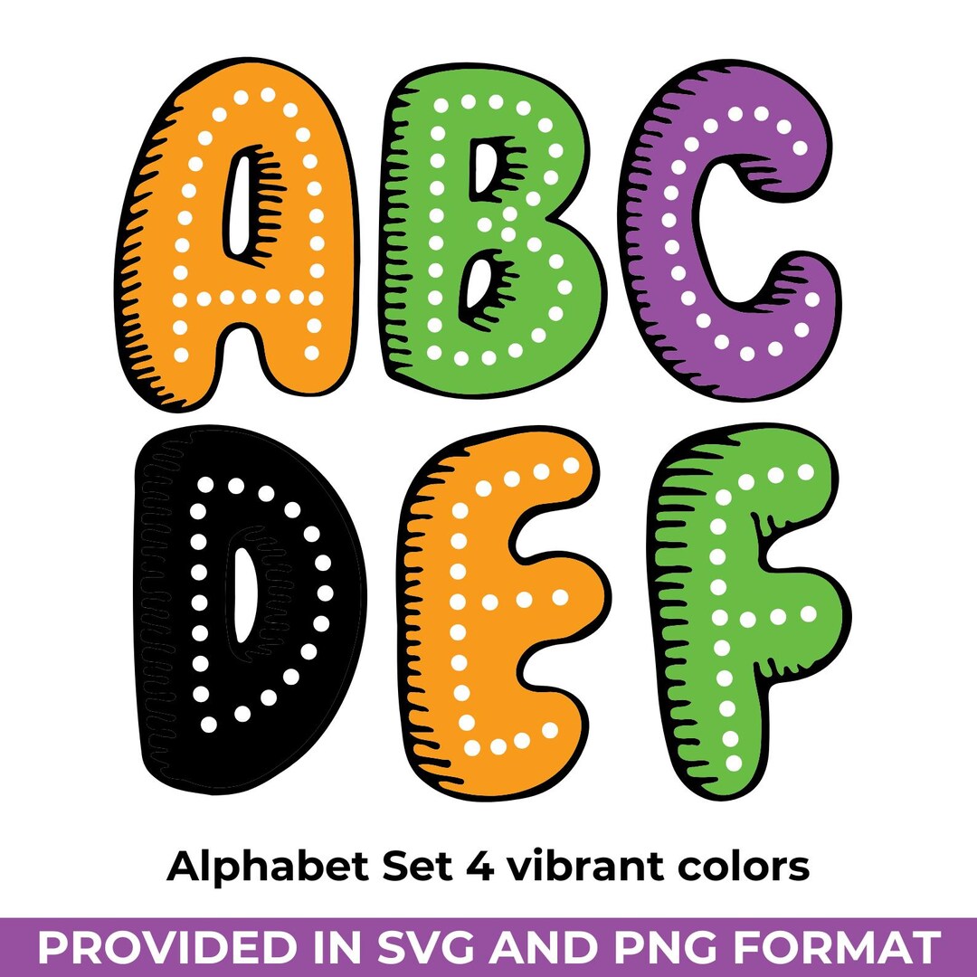 Doodle Alphabet SVG Set, 4 Vibrant Doodle Sublimation Color, Colorful ...
