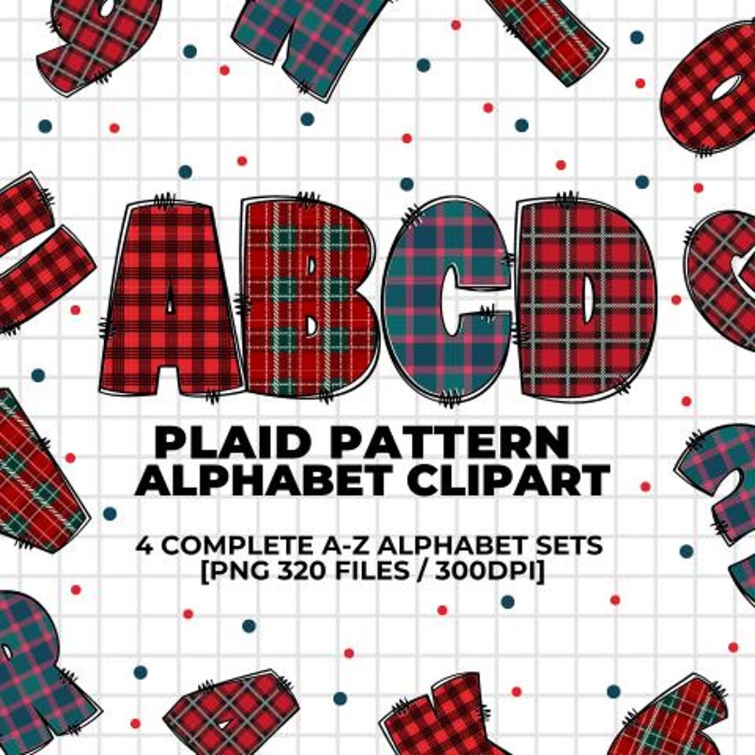 Red Buffalo Plaid Doodle Letters Alphabet, Plaid Doodle Font PNG, Hand ...