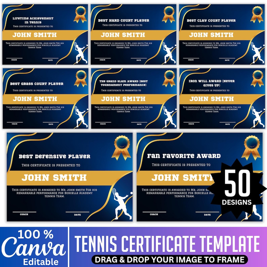 50 Tennis Certificate Bundle Template, Canva Editable Tennis Team ...