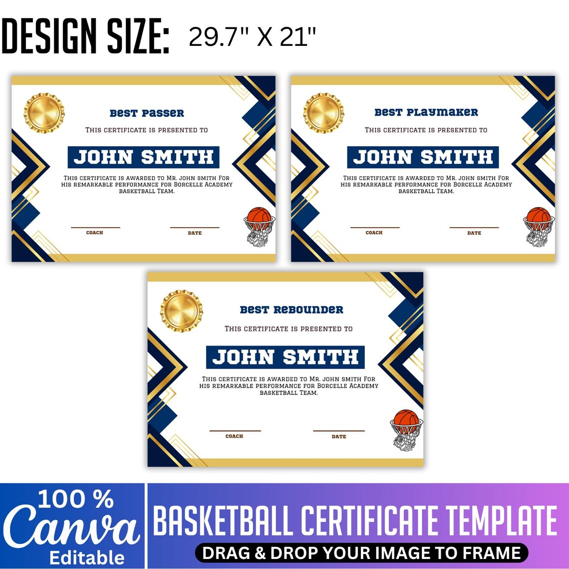 50 Basketball Team Certificate Awards Template, Basketball Award Canva ...