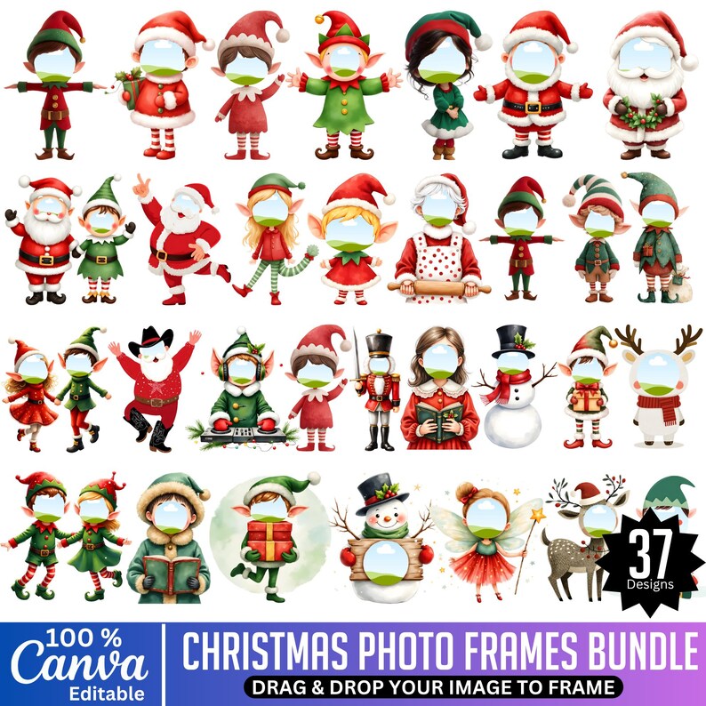 37 Christmas Photo Frames Bundle, Santa, Gingerbread Face, Elf Face ...