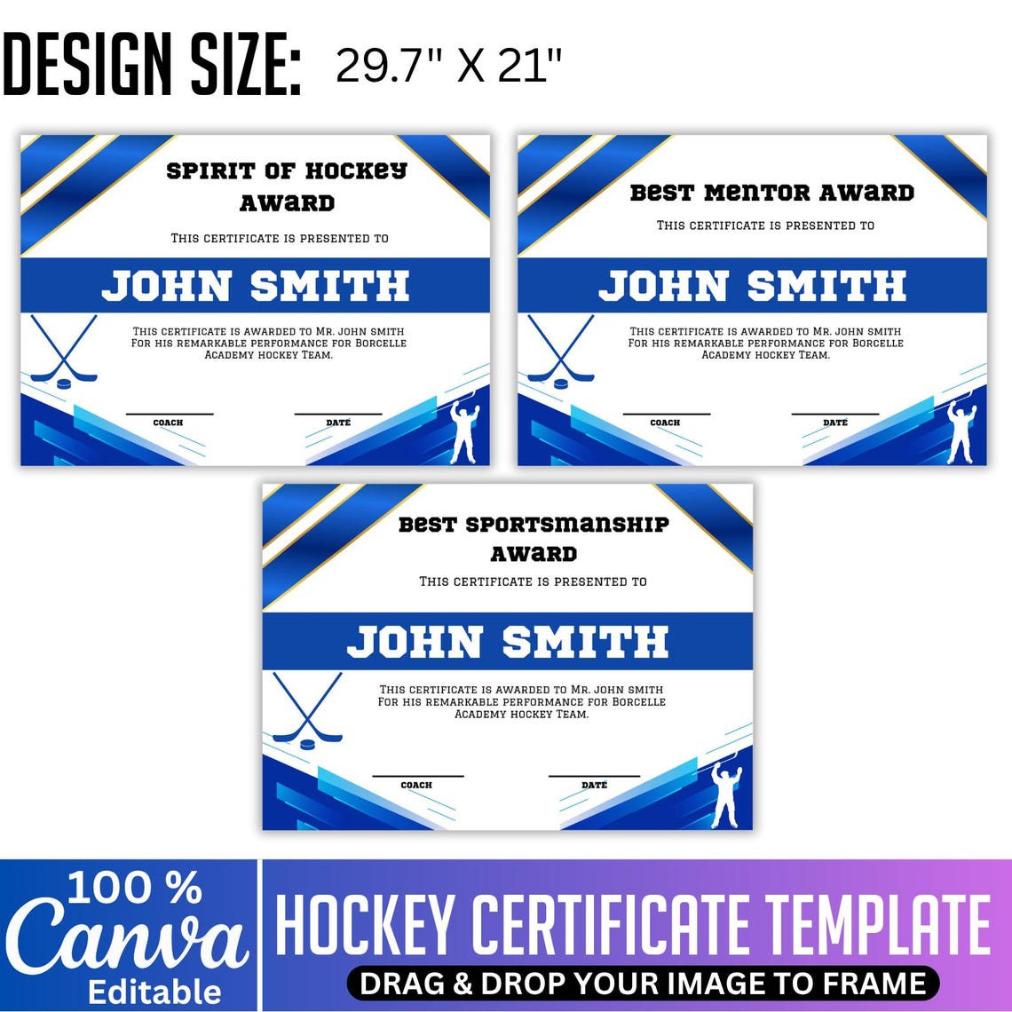 50 Hockey Award Certificates Template, Canva Editable Hockey Team ...
